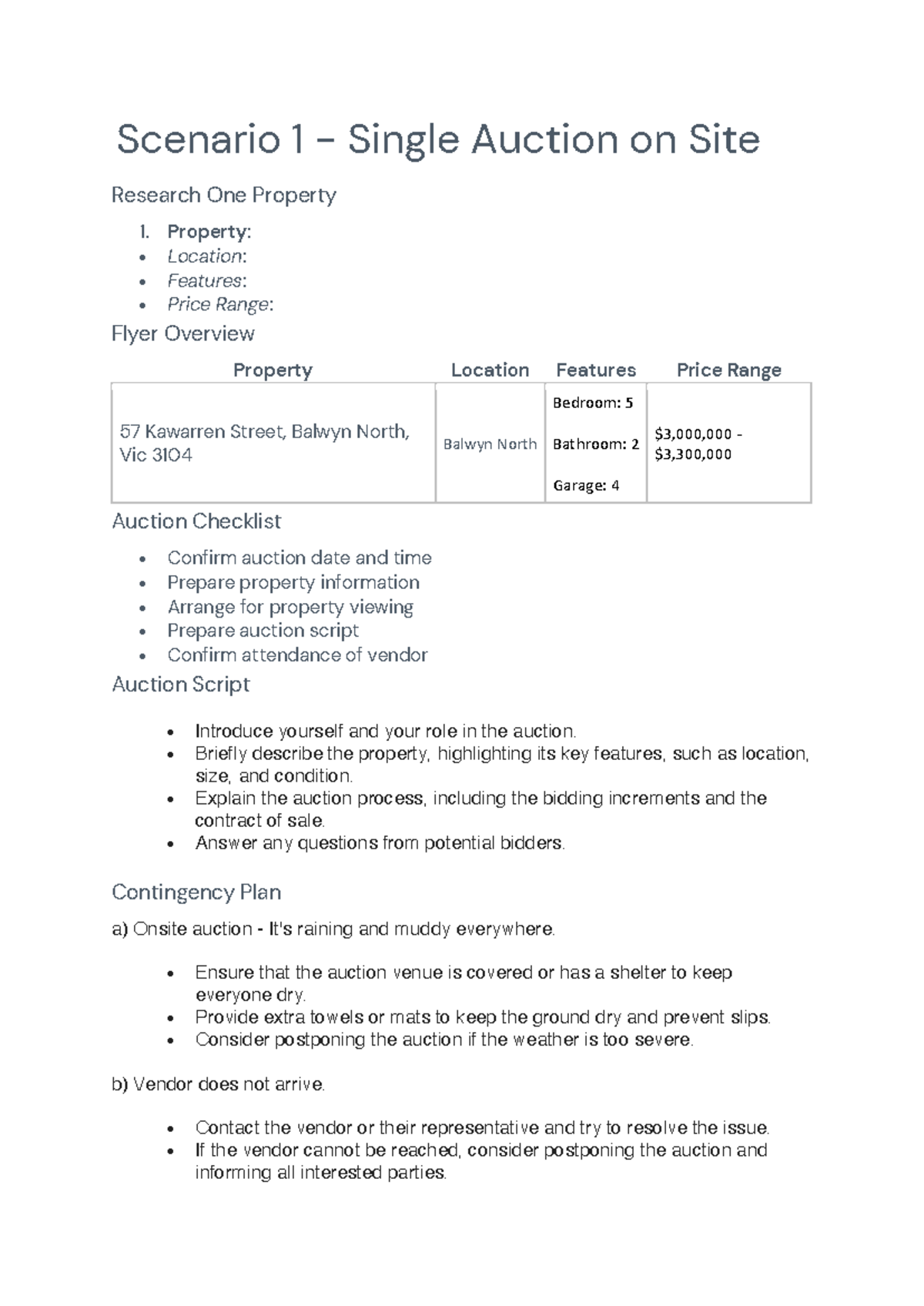 Scenario 1 - Single Auction on Site: Key Steps & Contingencies - Studocu