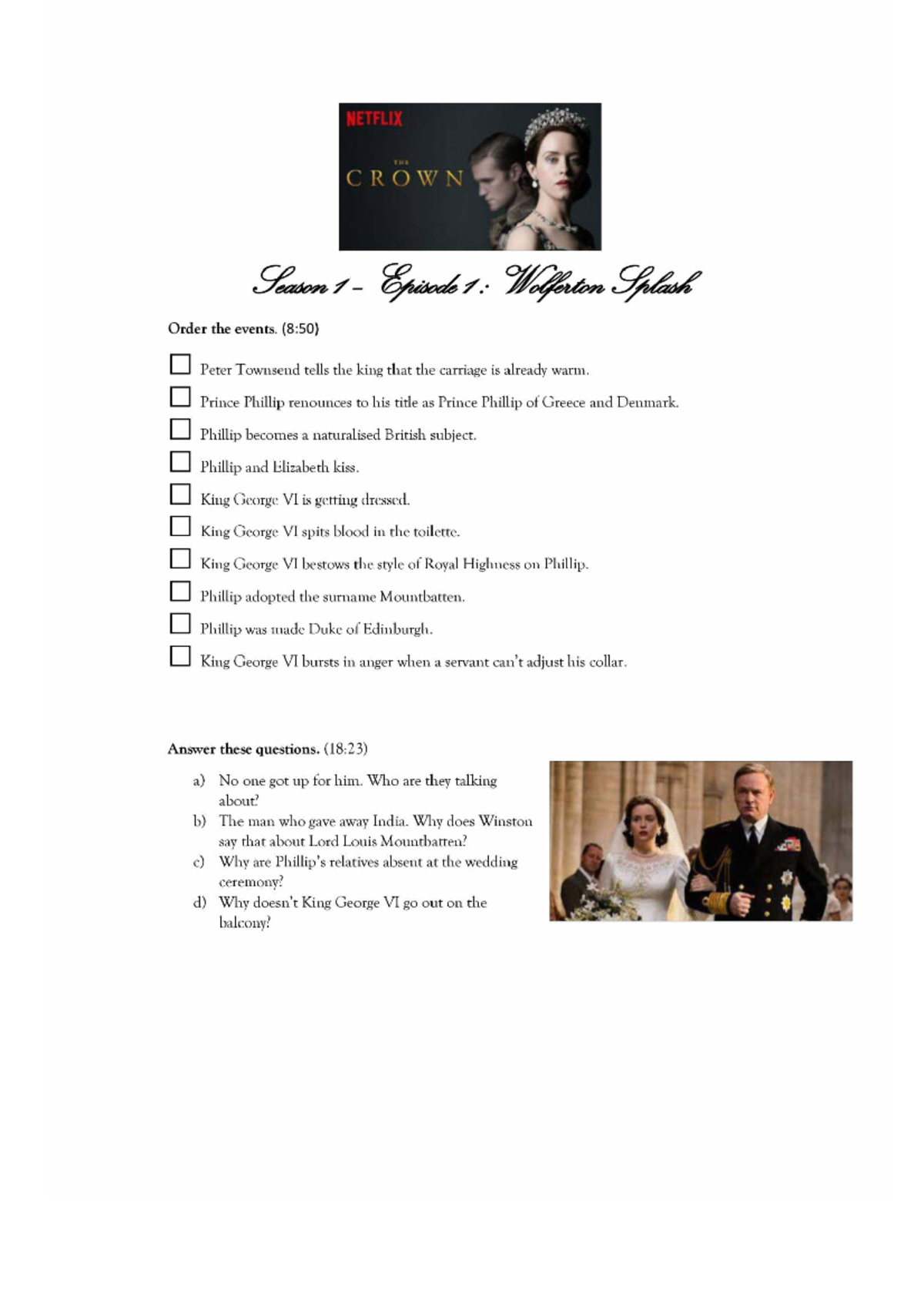 The Crown S1E1: Wolferton Splash Comprehension Worksheet - Studocu