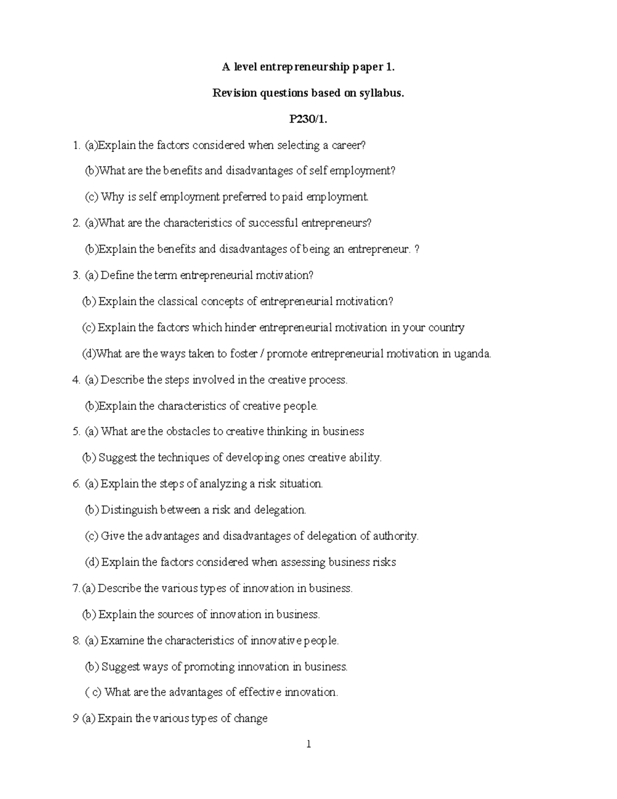 S6 169 Entrepreneurship Paper 1: Revision Questions & Key Concepts ...