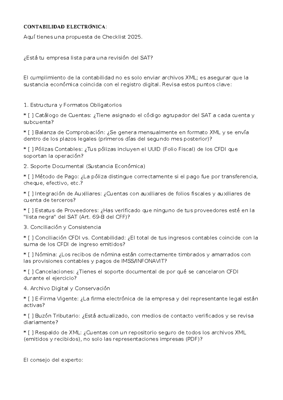 Checklist 2025 para Revisión de Contabilidad Electrónica - Studocu