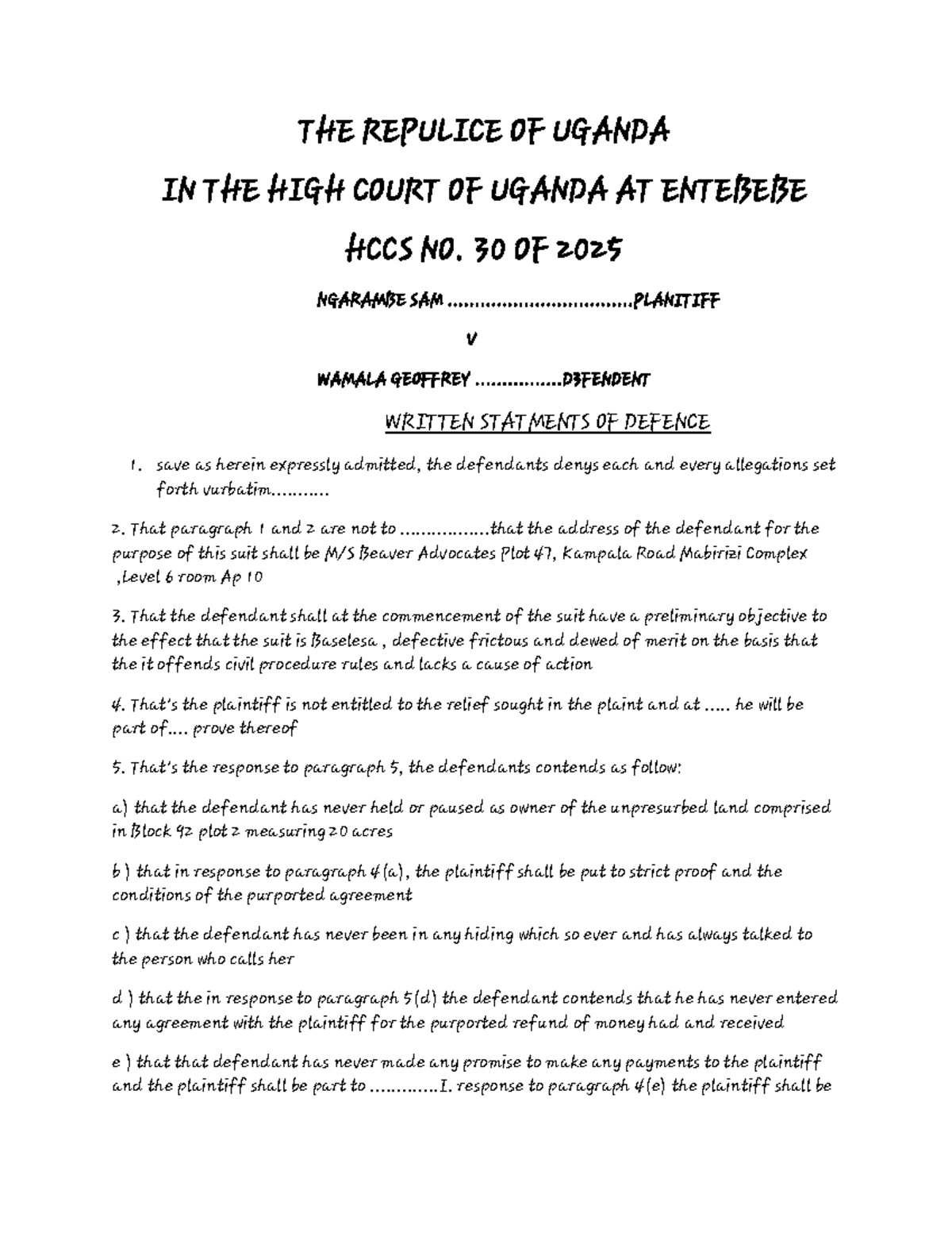 HCCS No. 30 of 2025: Written Statement of Defence in Uganda High Court ...
