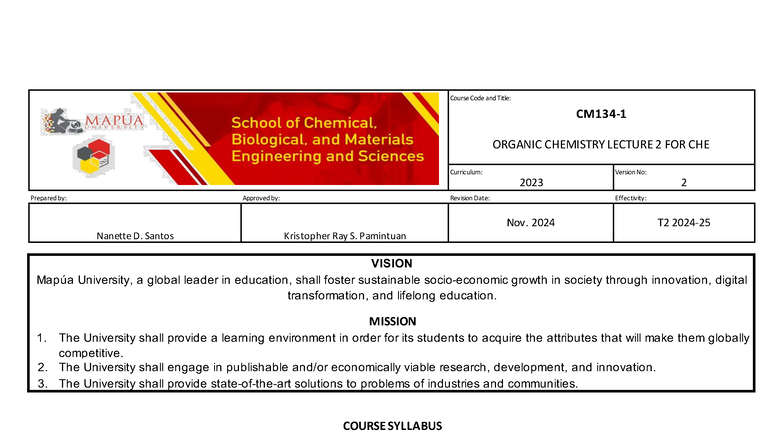ORGANIC CHEMISTRY LECTURE 2 SYLLABUS (CM134-1) - 2023 Revision - Studocu