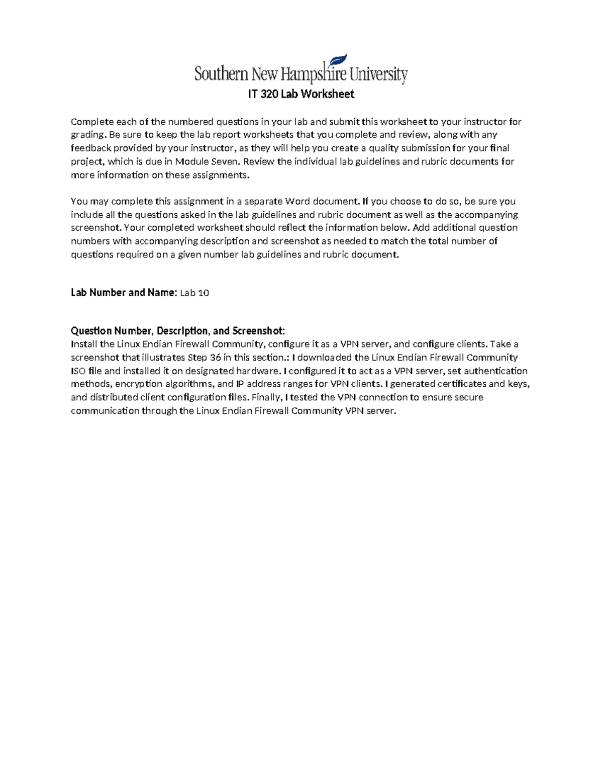 IT 320 Lab 10 - VPN Server Configuration Worksheet - Studocu