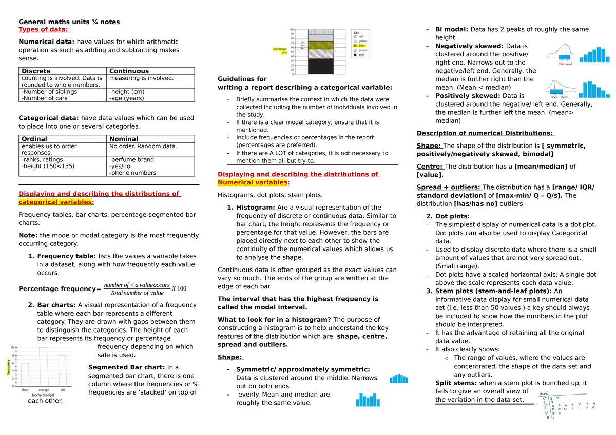 General Maths Units 3/4 Notes: Data Types and Analysis Techniques - Studocu