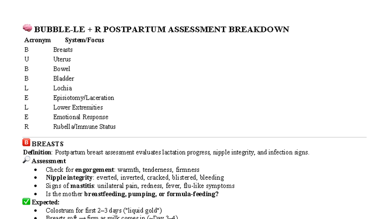 R POSTPARTUM ASSESSMENT: Comprehensive Breakdown of BUBBLE-LEER - Studocu
