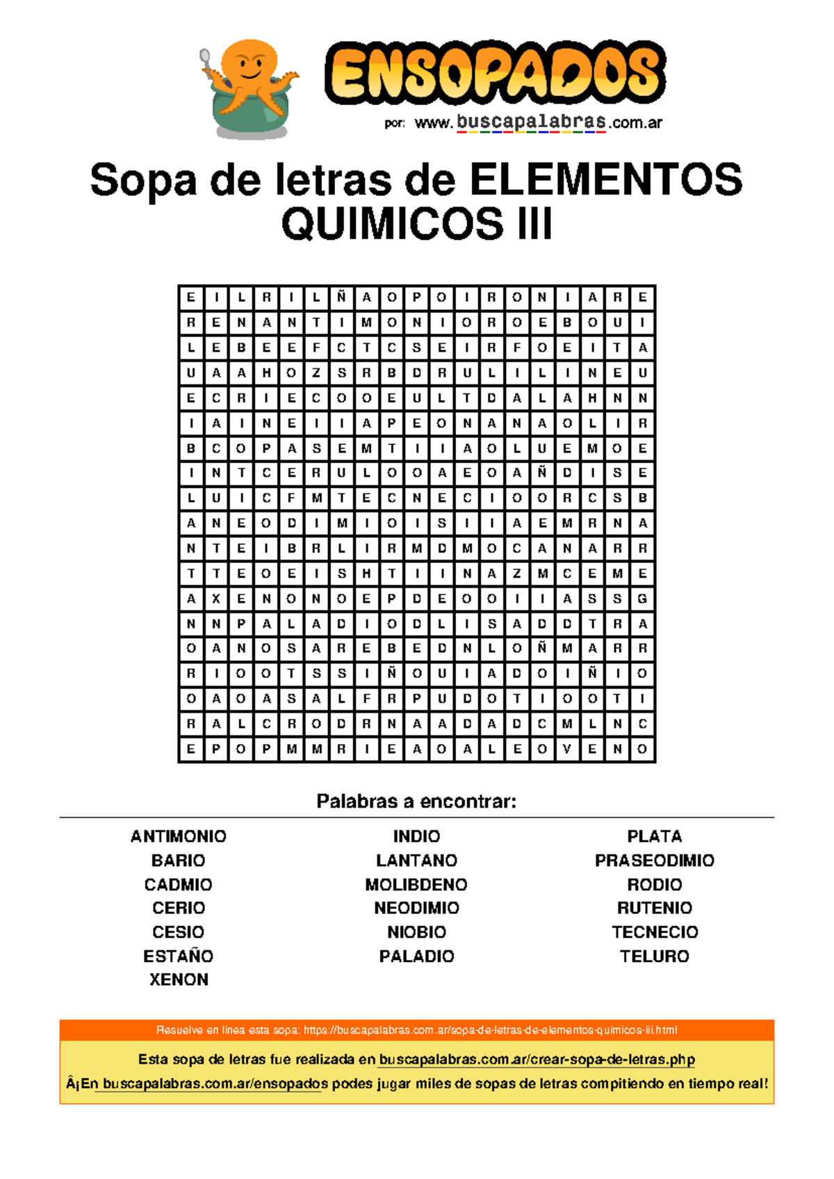 SOPA DE LETRAS: ELEMENTOS QUIMICOS III - Studocu