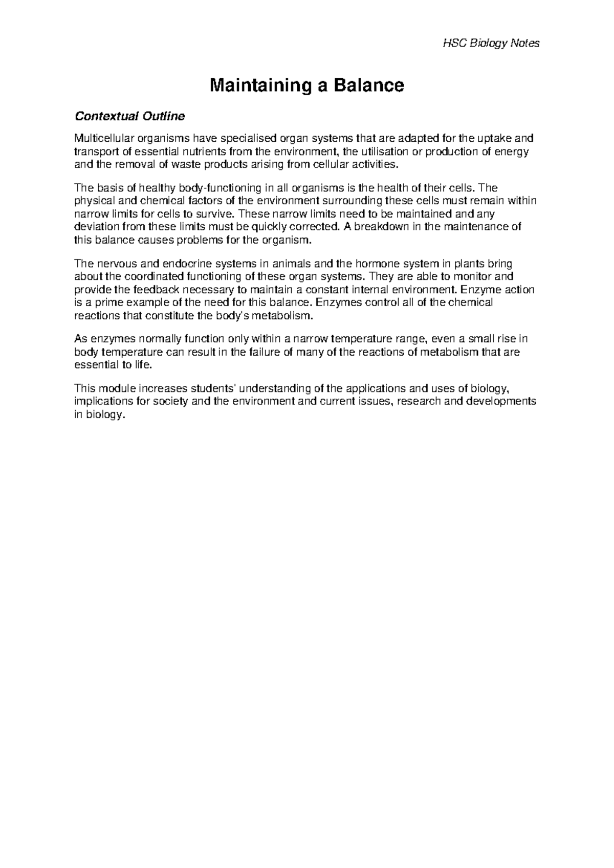 HSC Biology Notes: Maintaining Homeostasis in Multicellular Organisms ...