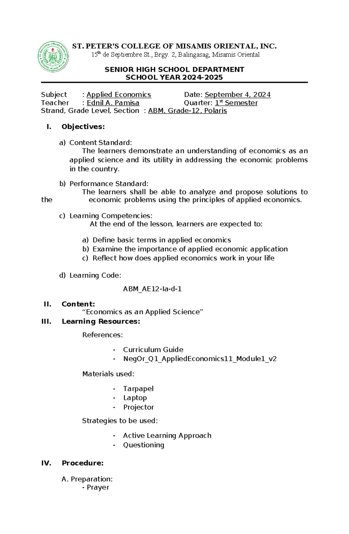 Lesson Plan 1: Applied Economics ABM 12 - 1st Semester - Studocu