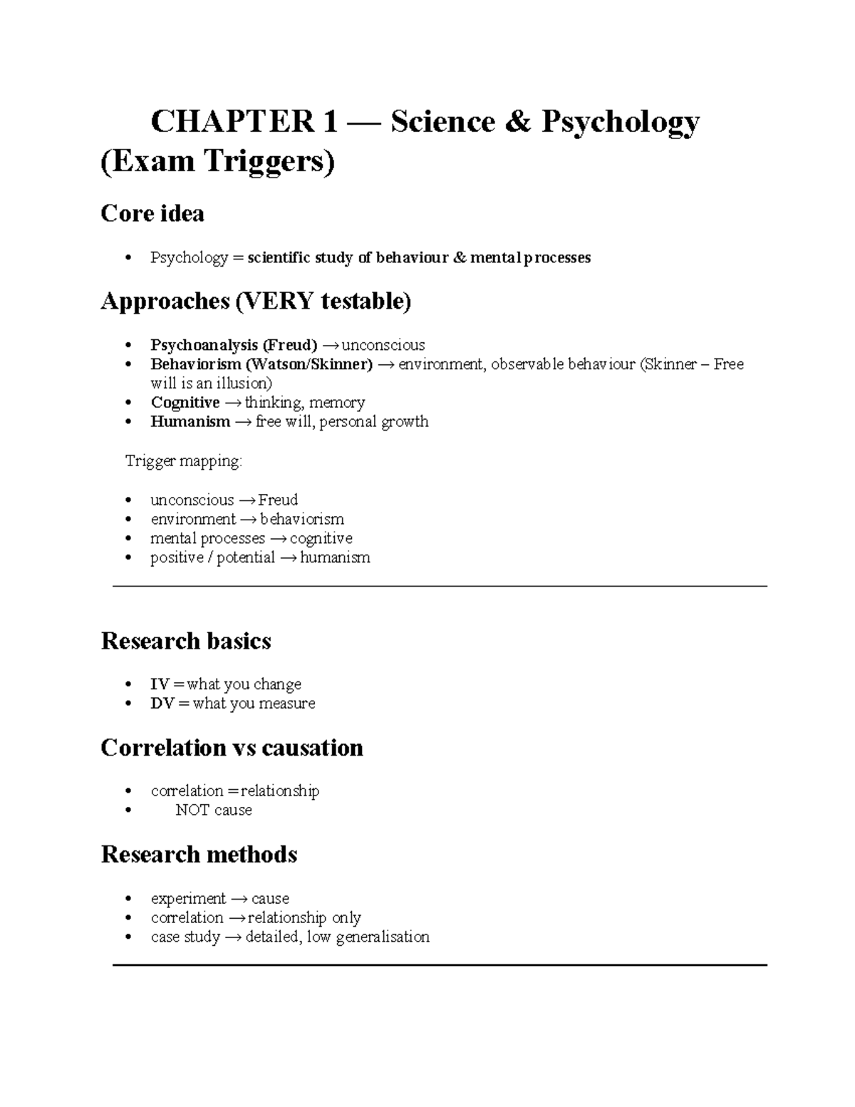 PSYC121 Cram Notes: Key Concepts in Psychology Chapters 1 & 13 - Studocu