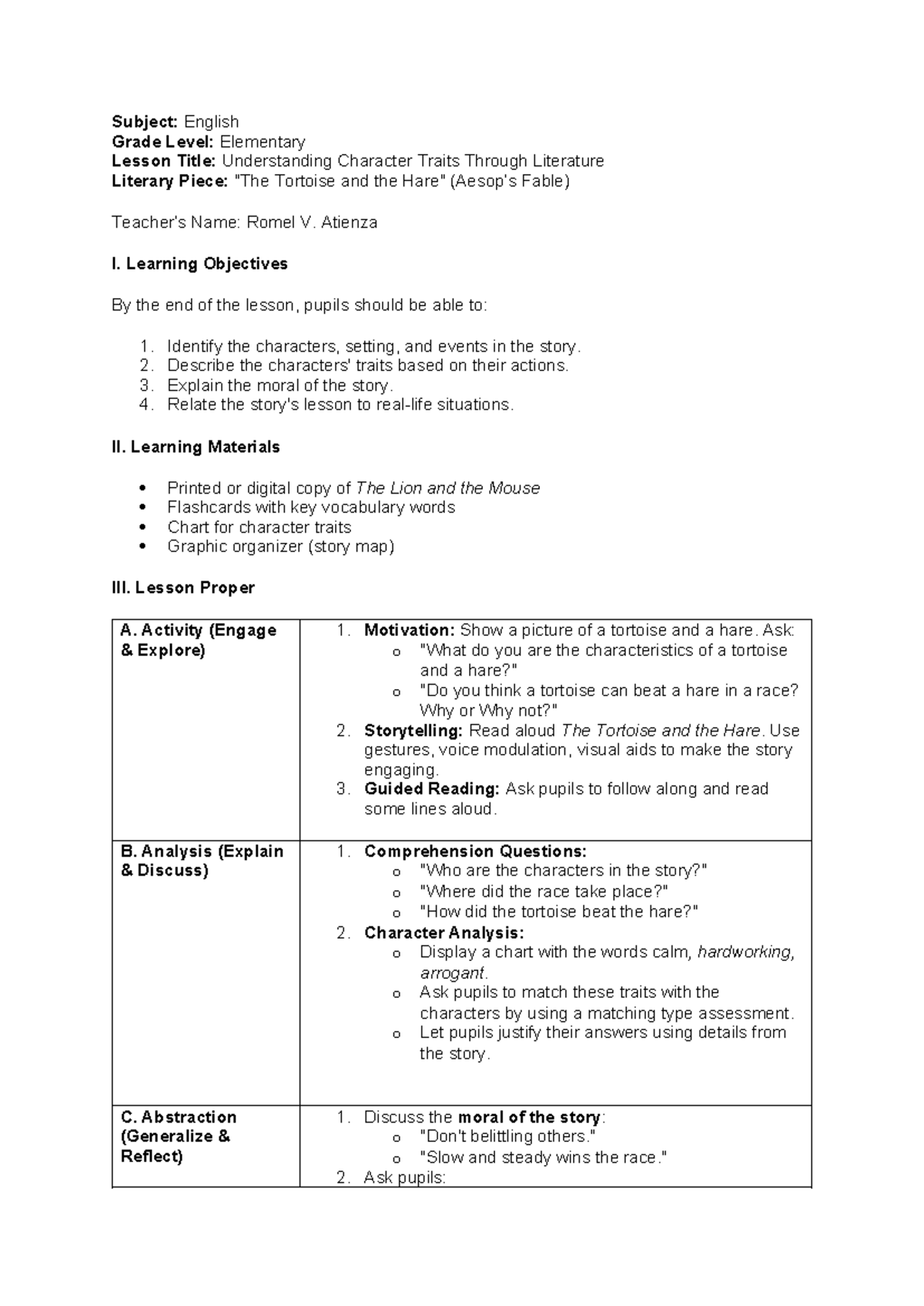 Elementary English Lesson Plan: Understanding Character Traits in ...