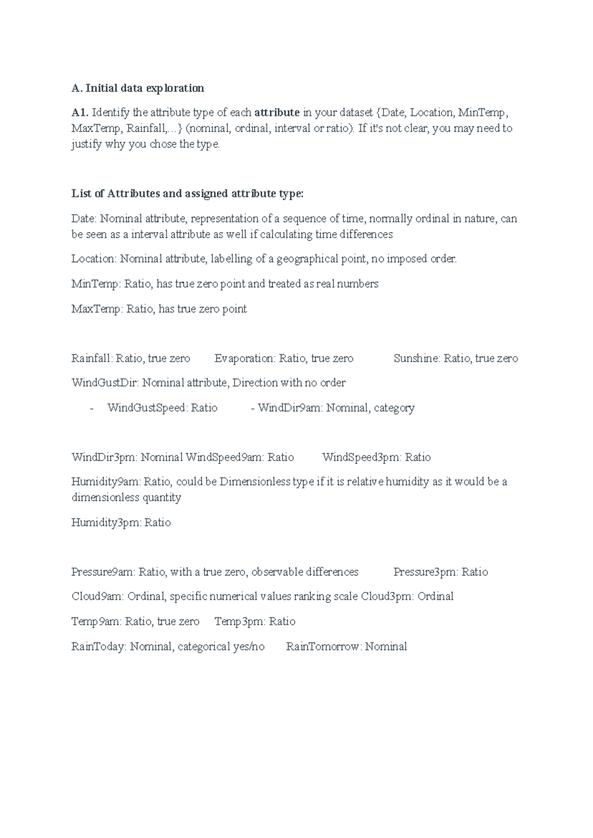 Introduction to Data Analytics Assignment 2 - A. Initial data exploration A1. Identify the ...