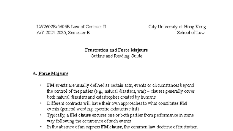 Law of Contract II Semester B: Frustration & Force Majeure Guide - Studocu