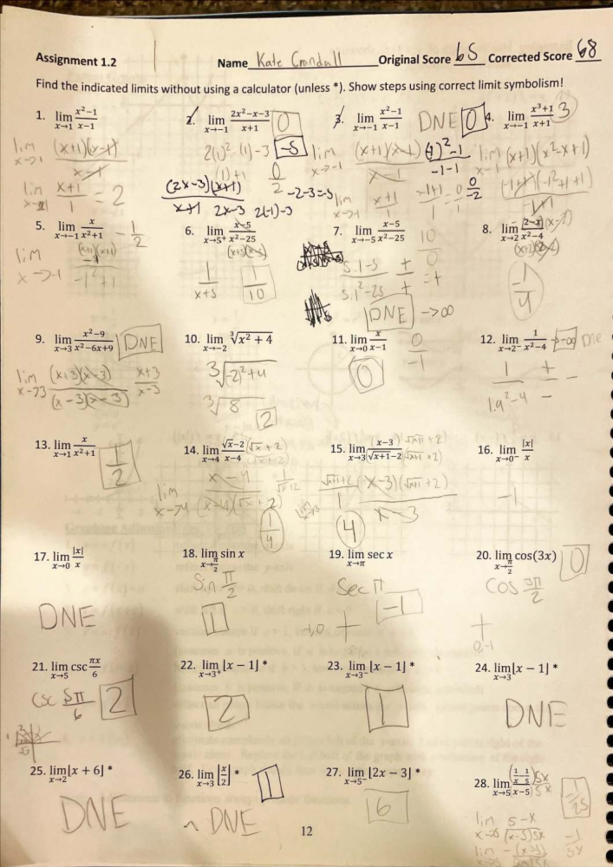 AP Calculus Assignment 1.2: Limit Calculations and Discontinuities ...