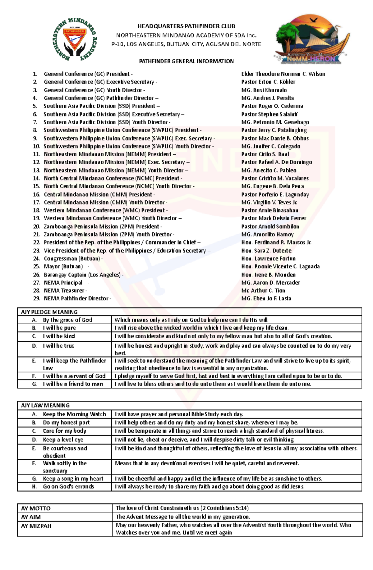 Pathfinder General Info - NEMA Club Leadership & Pledge Details - Studocu