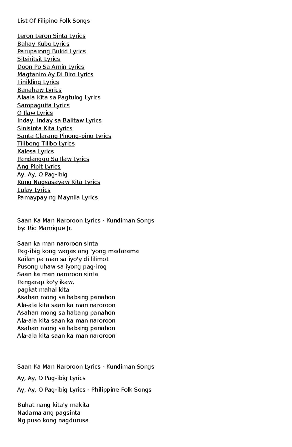 List of Filipino folk songs and their lyrics - Studocu