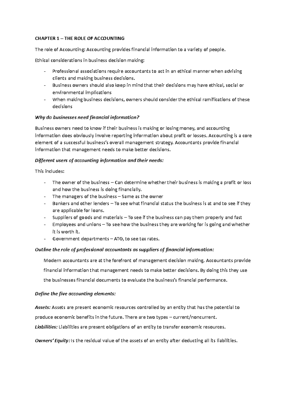 Chapter 1 - THE ROLE OF Accounting - CHAPTER 1 – THE ROLE OF ACCOUNTING ...