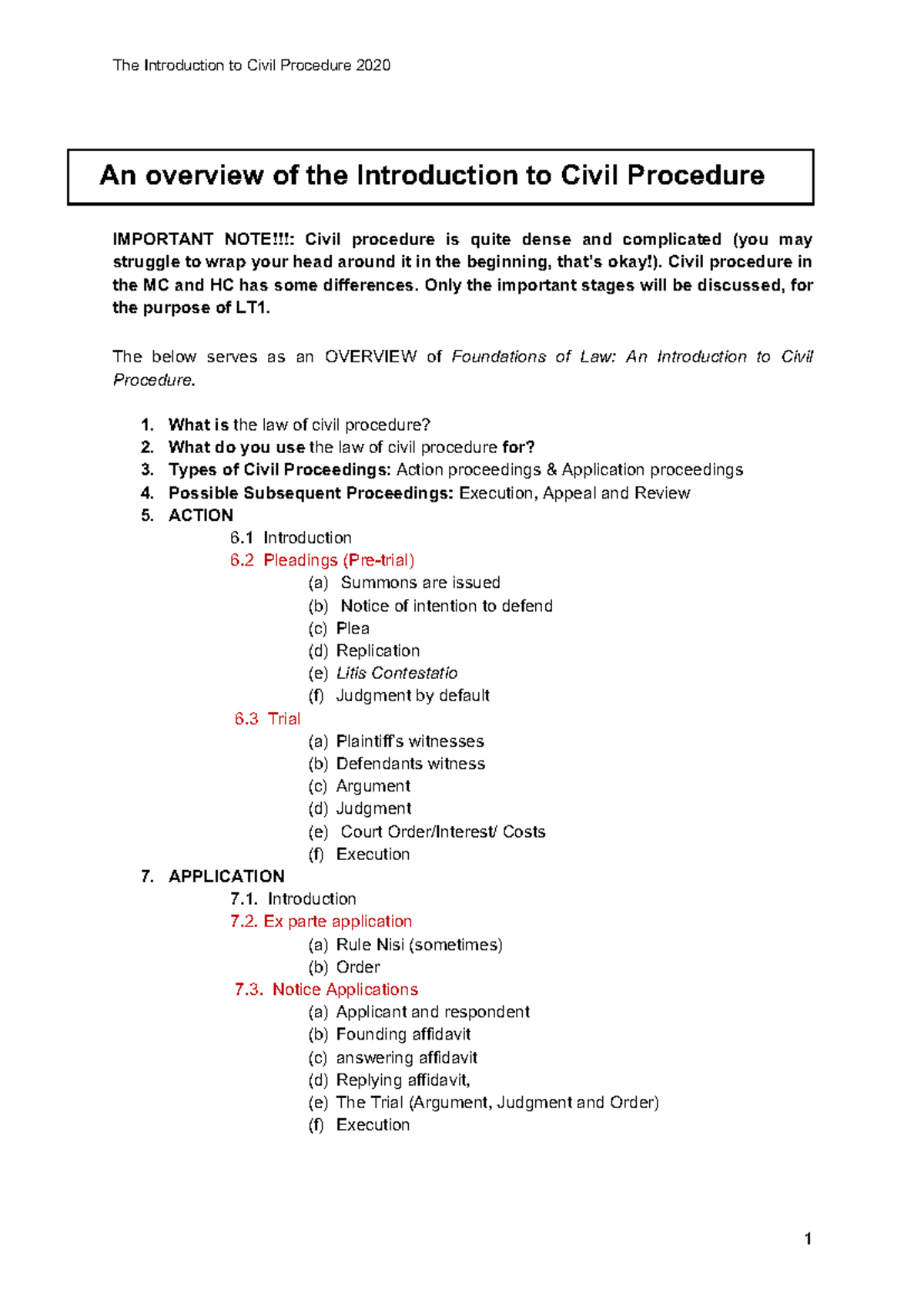 Foundations of Law: Intro to Civil Procedure Overview (LT1) - Studocu