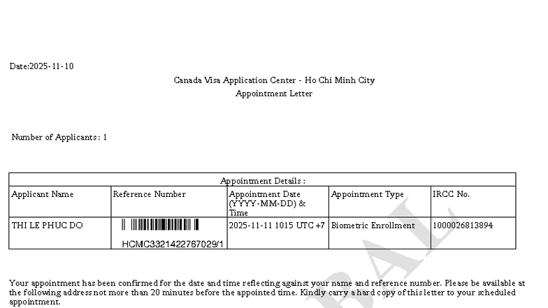 Canada Visa Application Center Appointment Letter - Ho Chi Minh City ...