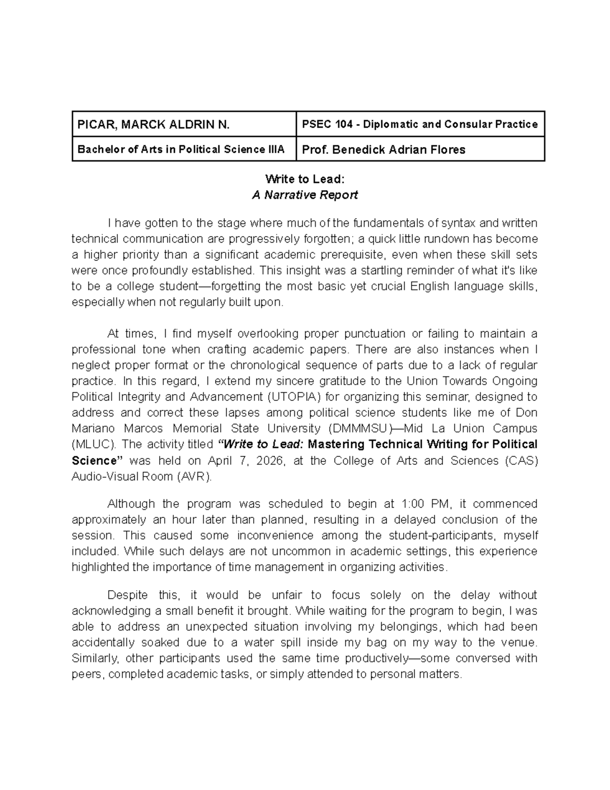 PSEC 104 Narrative Report: Write to Lead Seminar Insights - Studocu