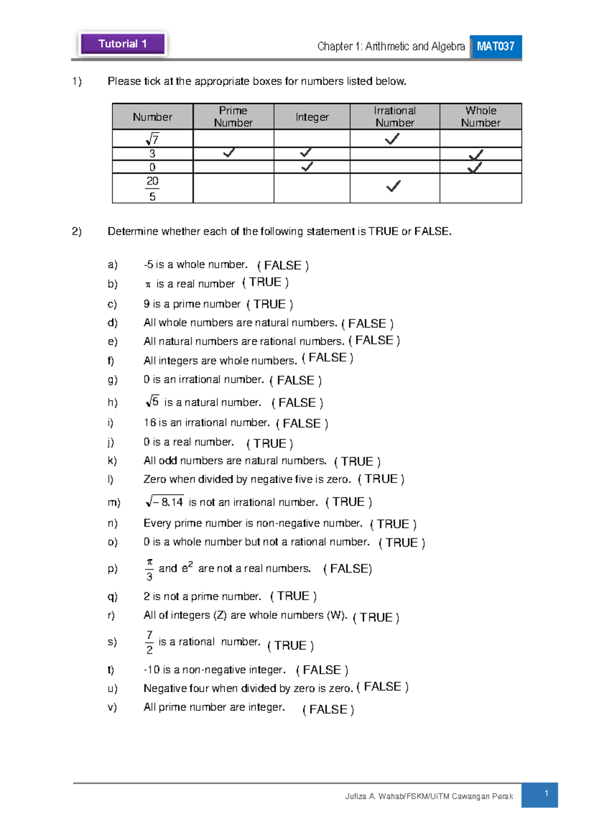 Tutorial 01 - Real Numbers - Chapter 1: Arithmetic and Algebra MAT ...