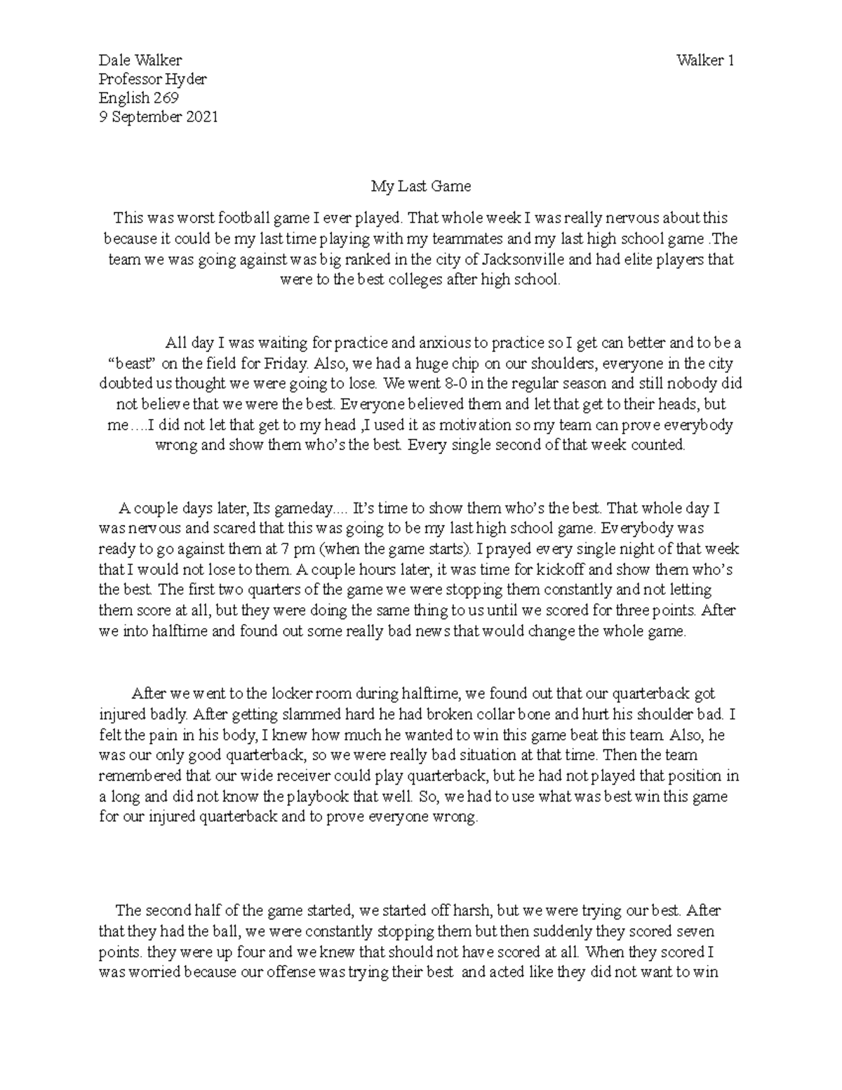 Narrative essay - Dale Walker Walker 1 Professor Hyder English 269 9 ...