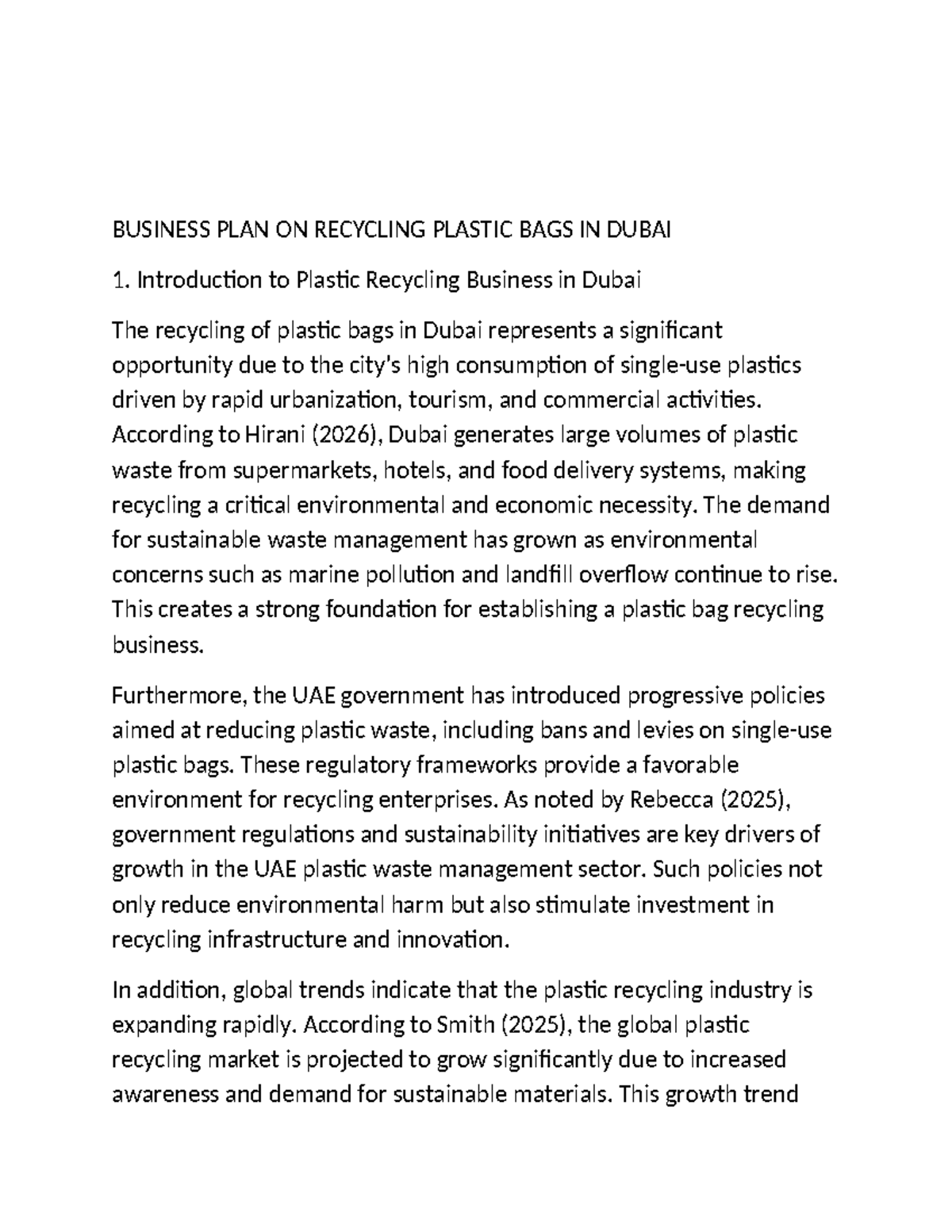 BUSINESS PLAN: PLASTIC BAG RECYCLING IN DUBAI (O-WPS) - Studocu