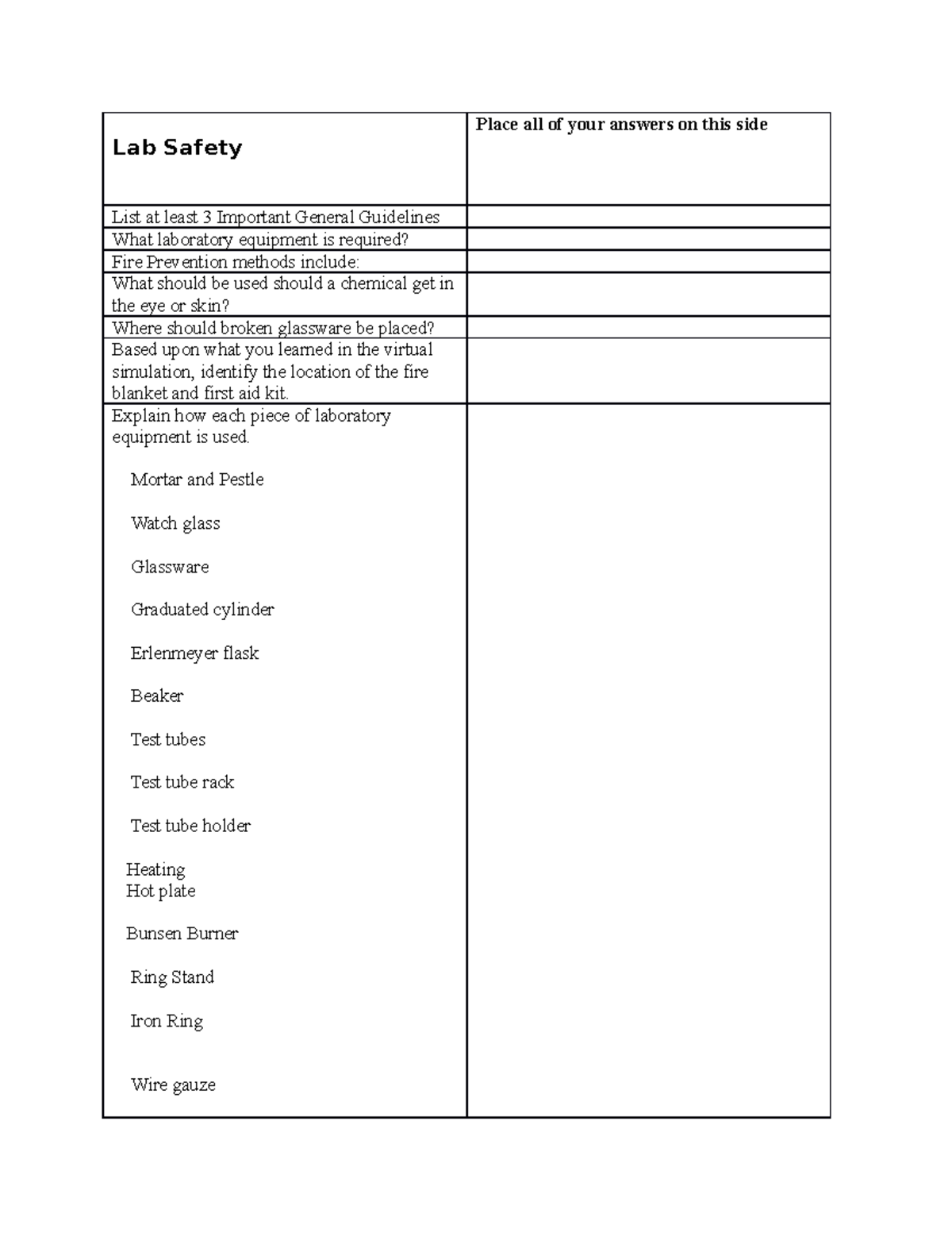Lab Safety and Equipment Guided Notes - Lab Safety Place all of your ...