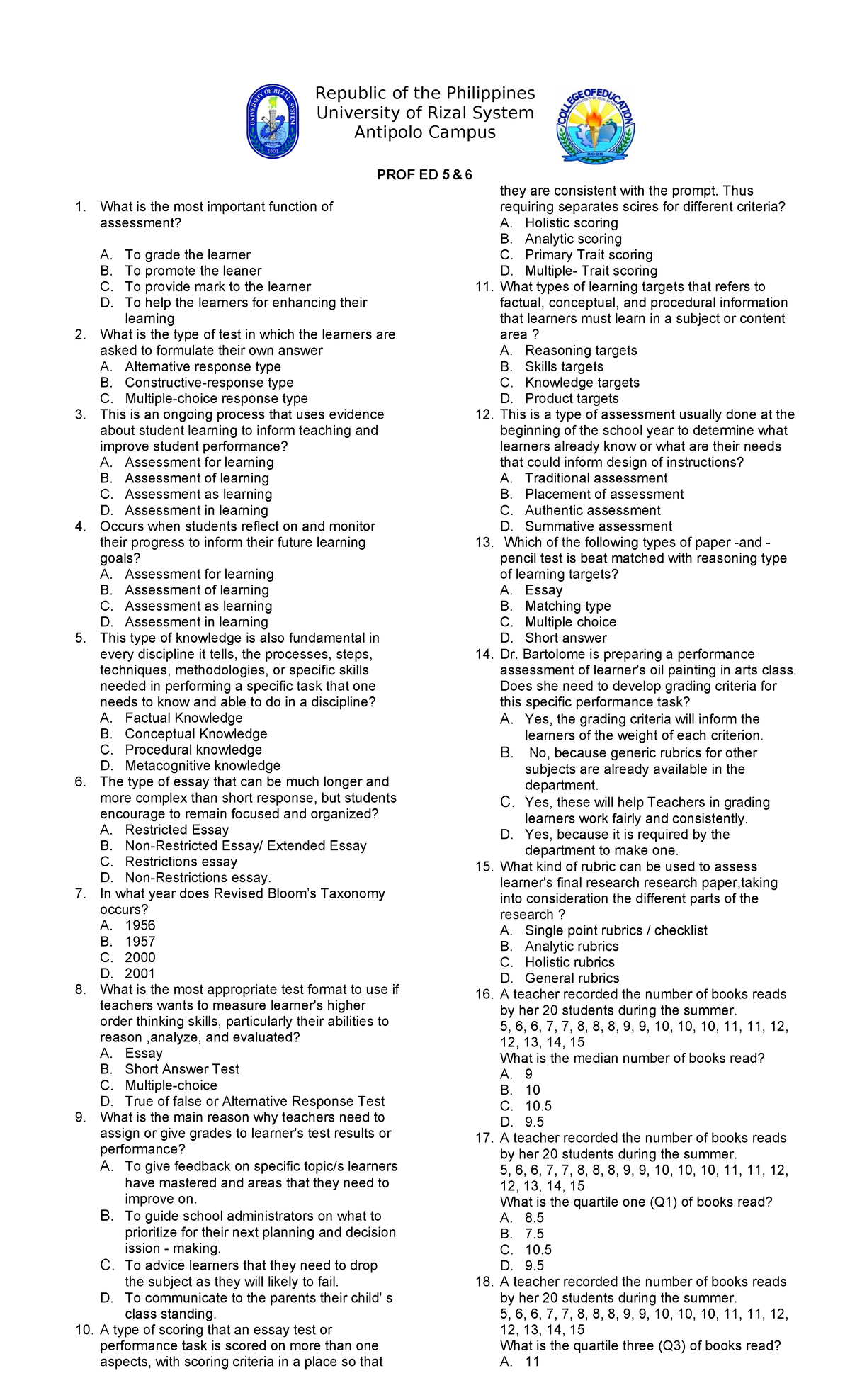 ED3 - Practical Test on Assessment Types and Functions - Studocu