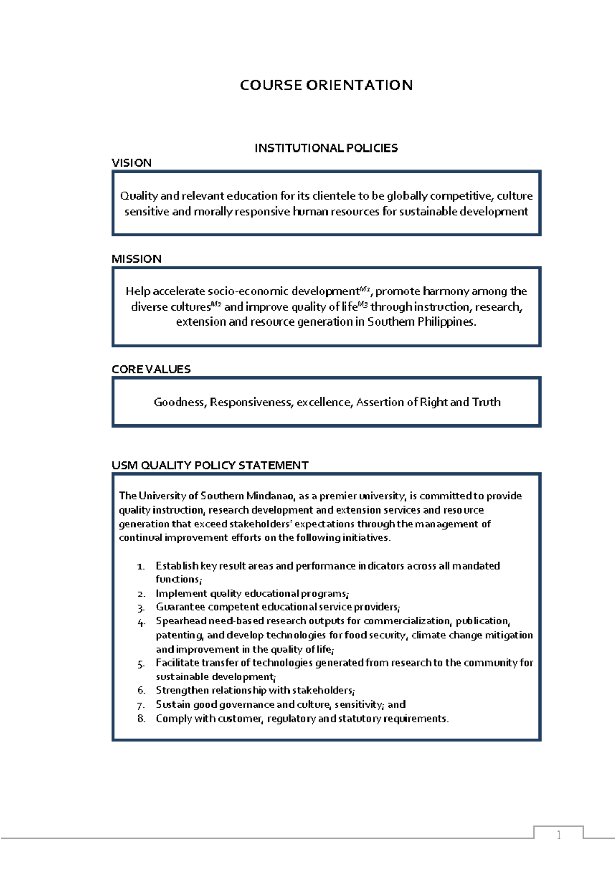 Course Orientation - Lecture on Institutional Policies and Vision - Studocu