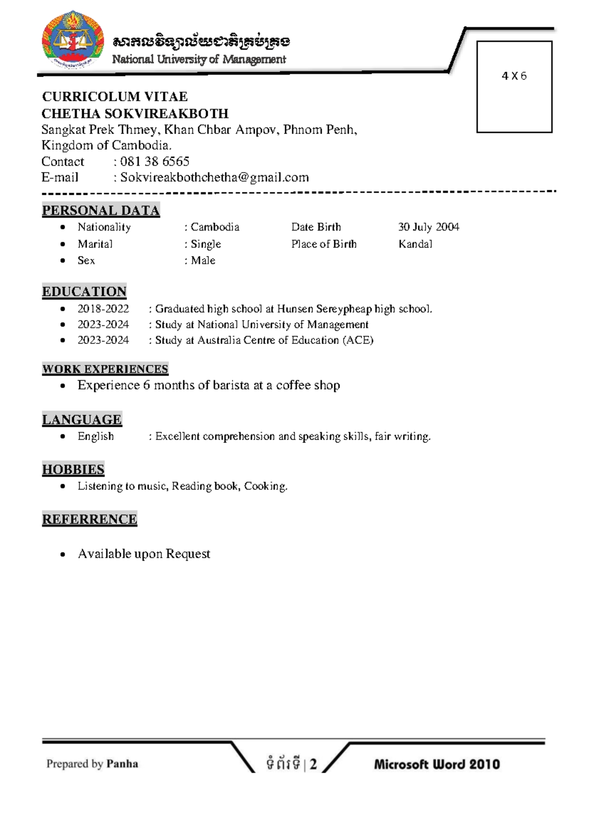 BAC CV Assignment and Presentation - Chetha Sokvireakboth - Studocu