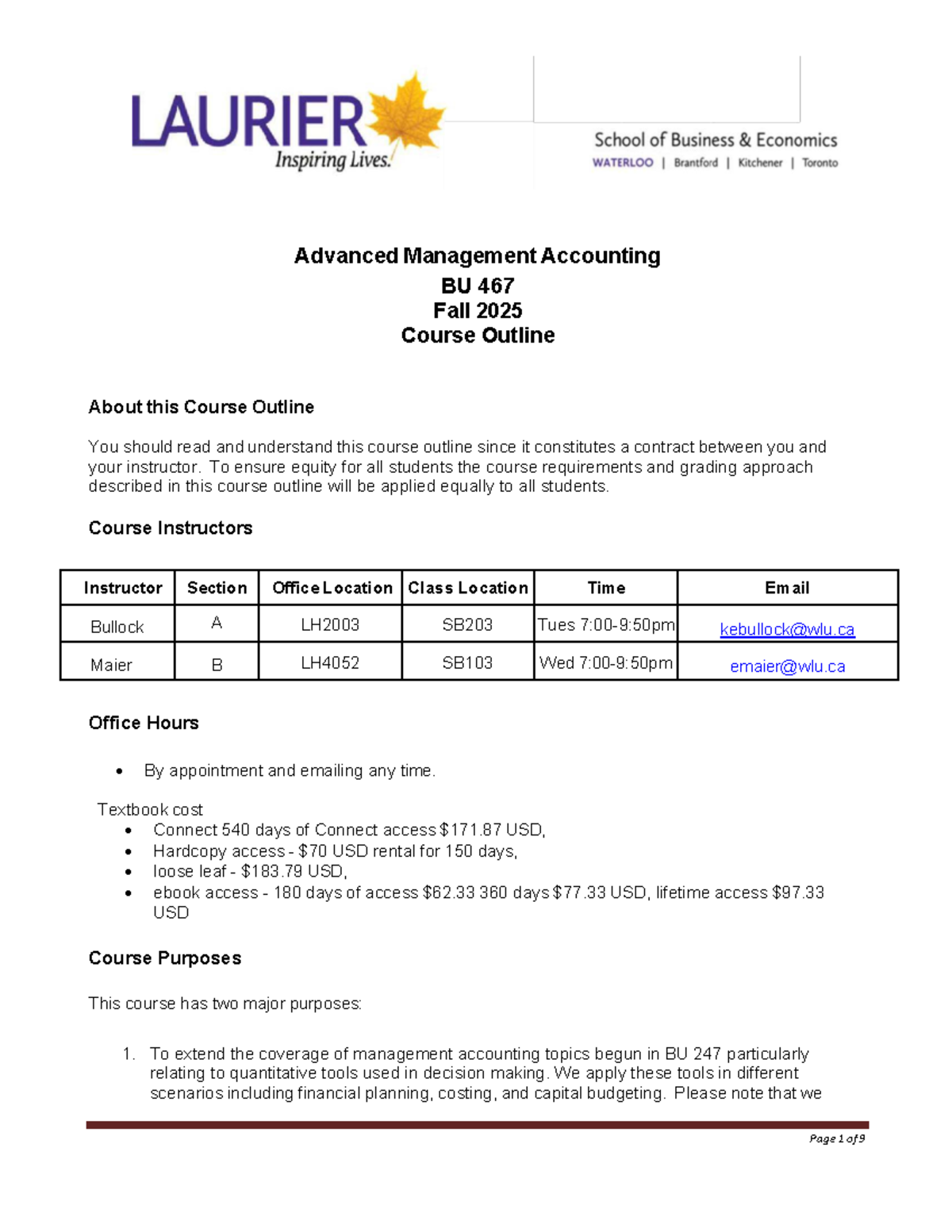 BU 467 Advanced Management Accounting Course Outline - Fall 2025 - Studocu