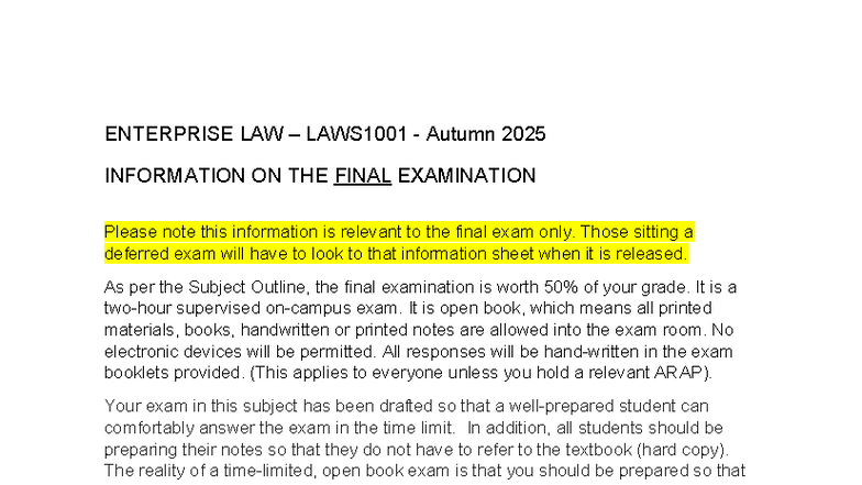 Laws1001 Enterprise Law Final Exam Information - Autumn 2025 - Studocu