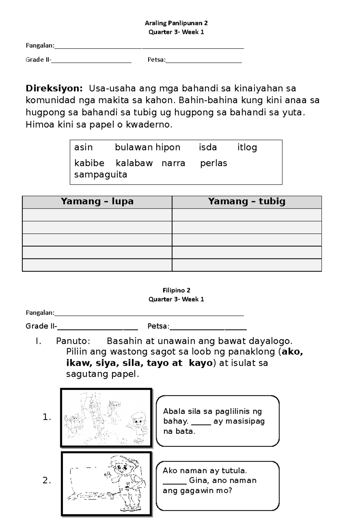 Activity Sheets for English, Math, Filipino, Araling Panlipunan ...
