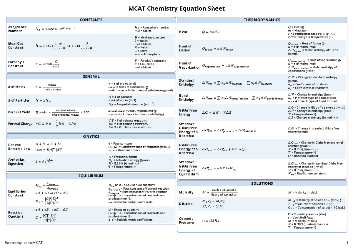 MCAT Chemistry Equations Sheet: Thermodynamics & Kinetics - Studocu