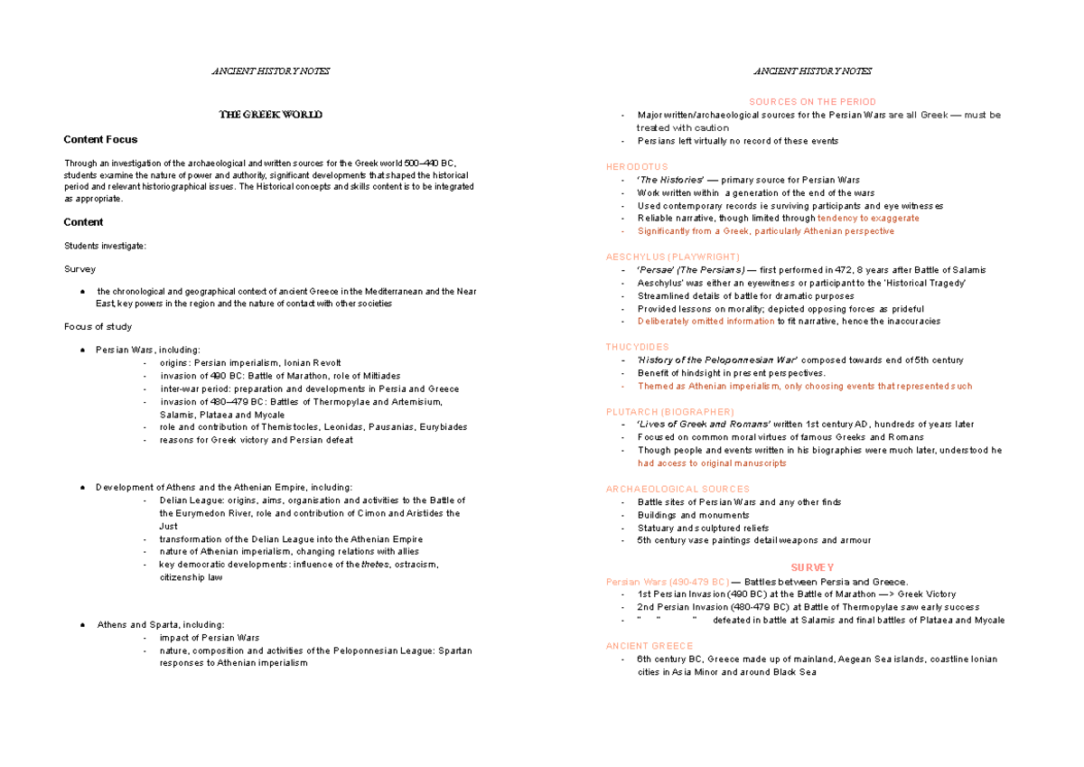 Ancient Greek World Study Notes Year 12 HSC: Persian Wars Focus - Studocu