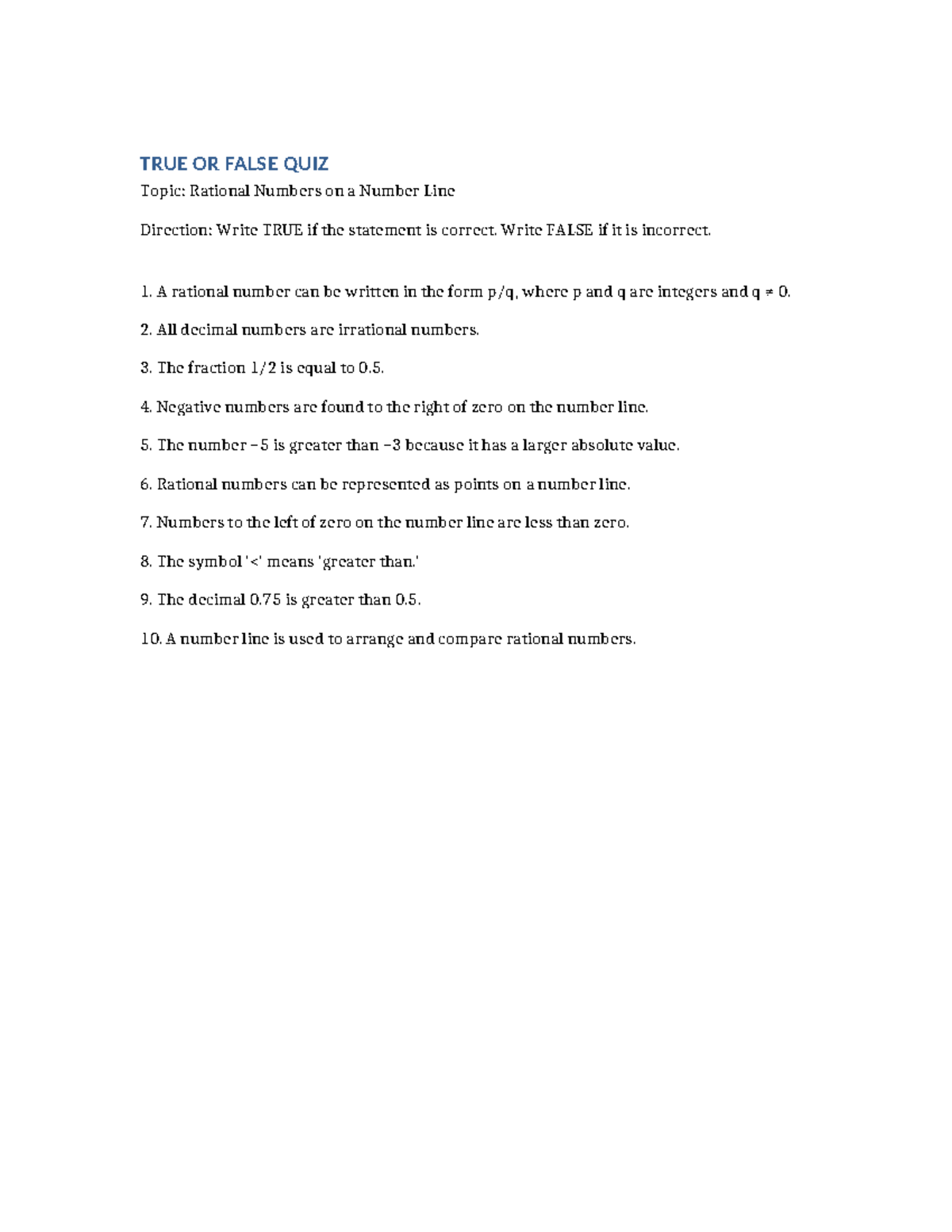 TRUE OR FALSE QUIZ: Rational Numbers on a Number Line - Studocu