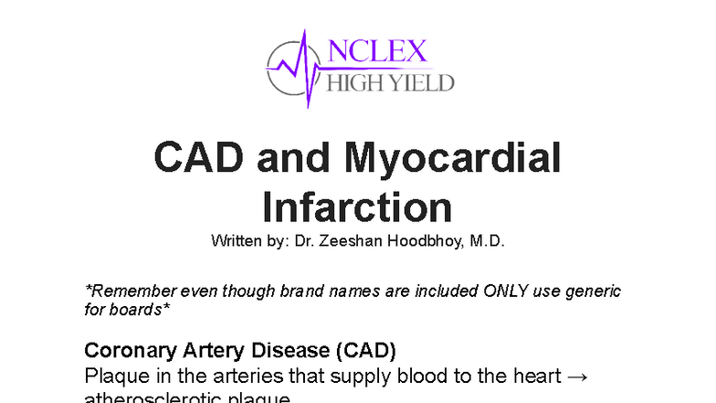 Cardio CAD, MI Treatment & Education Wrap-Up - Nov 2023 - Studocu