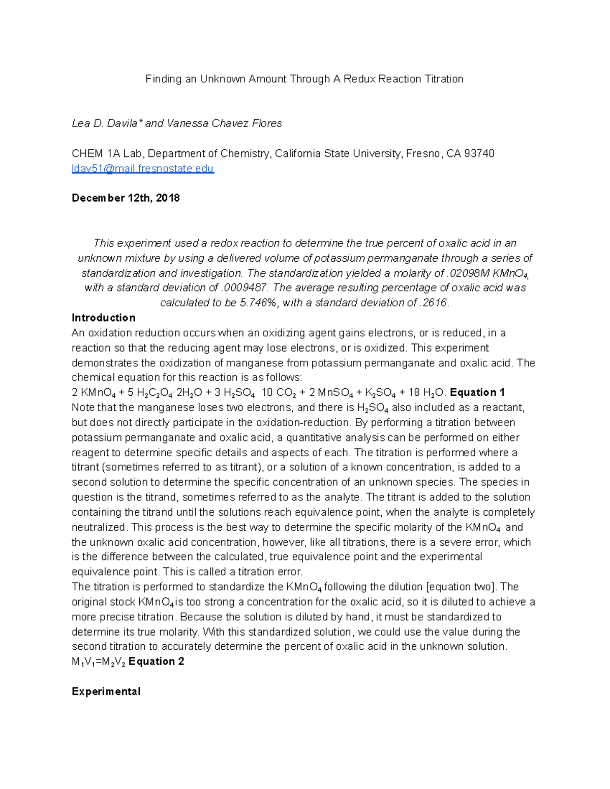 Lab Report: Determining Oxalic Acid Concentration via Redox Titration ...