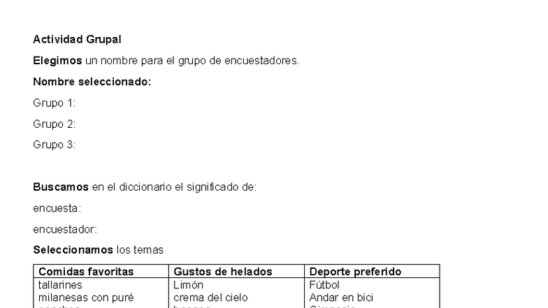 Actividad Grupal: Encuesta sobre Comidas y Gustos - Octubre - Studocu