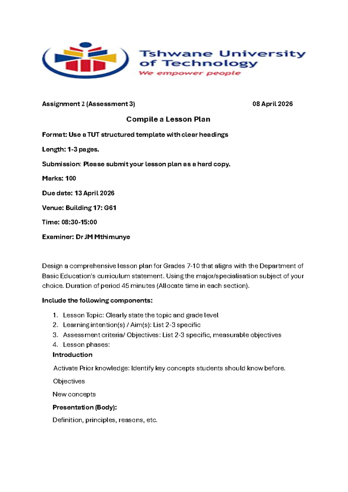 Assignment 2: Lesson Plan for Grades 7-10 - Studocu