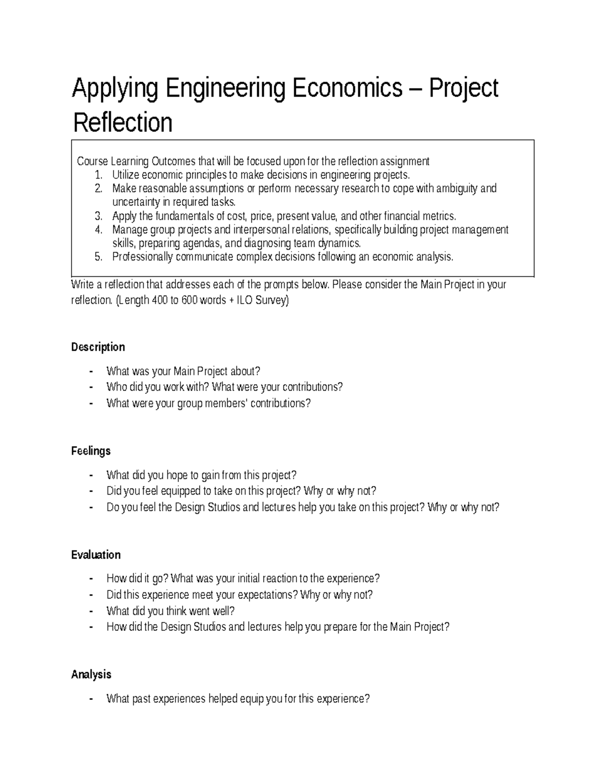 3PX3 Engineering Economics Project Reflection - Week 12 Self-Assessment ...