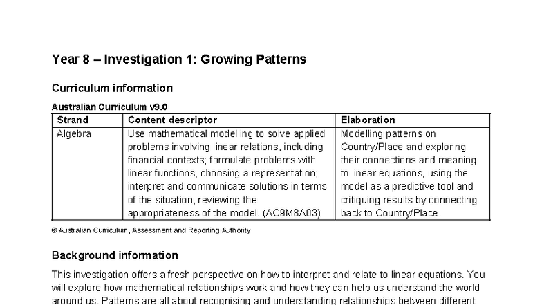 Year 8 Investigation 1: Growing Patterns in Linear Relations - Studocu