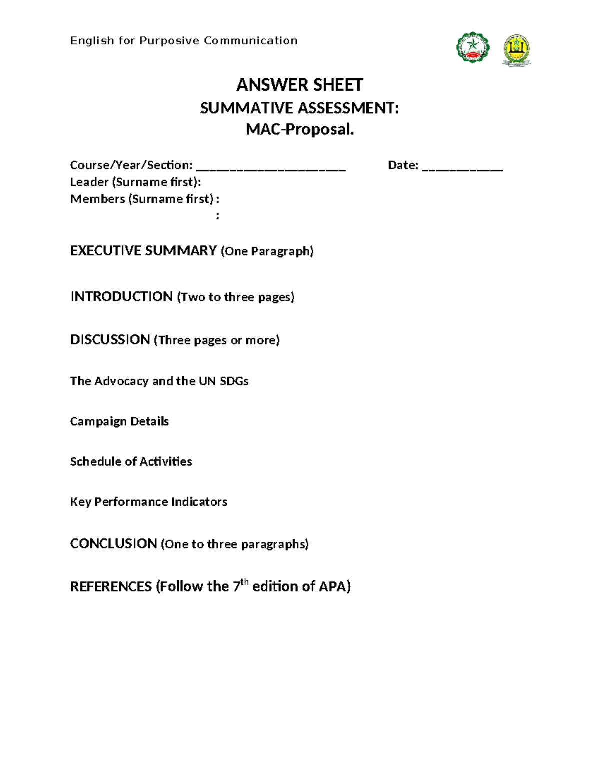 MAC Proposal Template(2) - English for Purposive Communication ANSWER ...