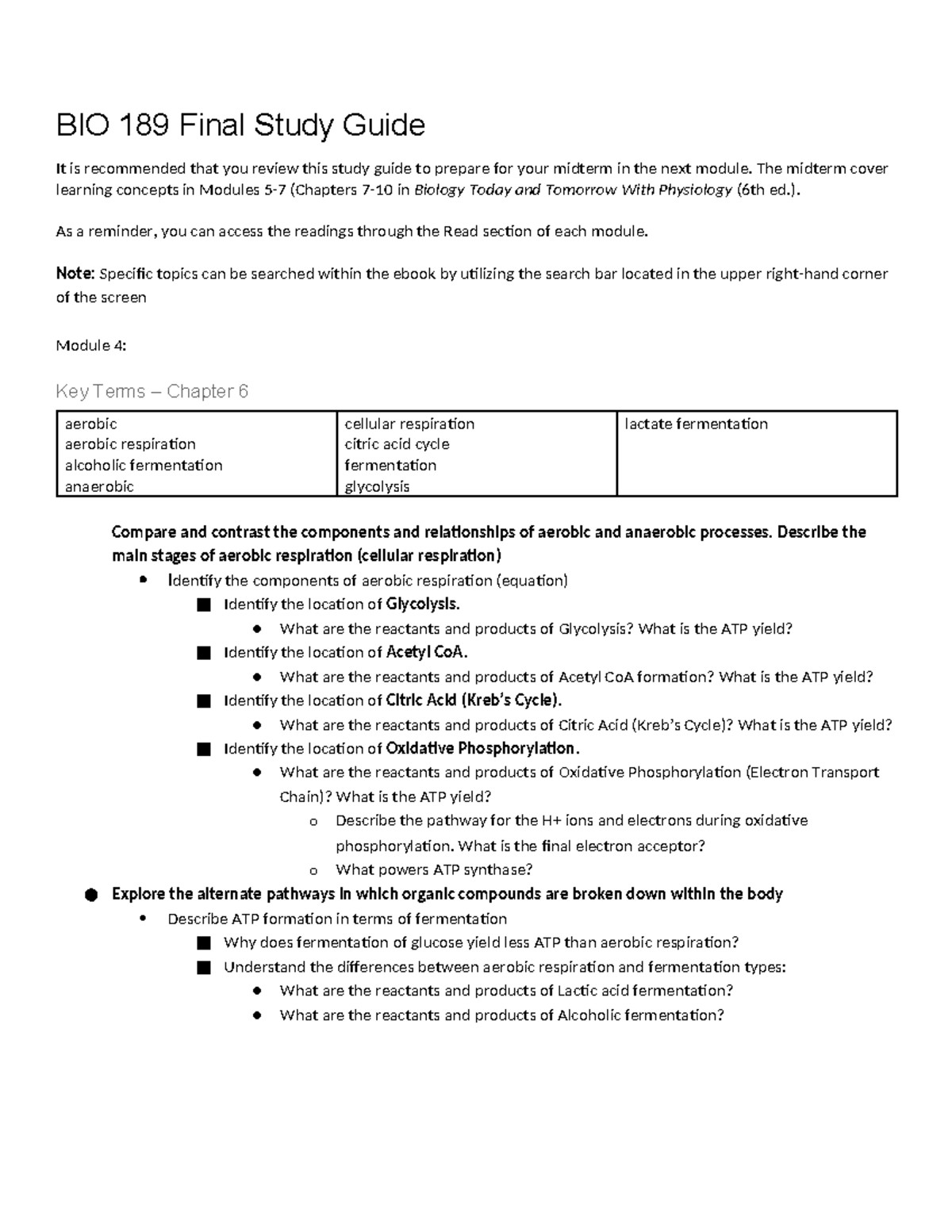 BIO 189 Final Study Guide - BIO 189 Final Study Guide It is recommended that you review this ...