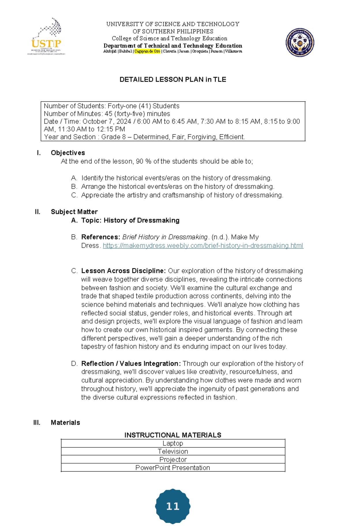 History of Dressmaking: Detailed Lesson Plan (TLE DLP) - Studocu