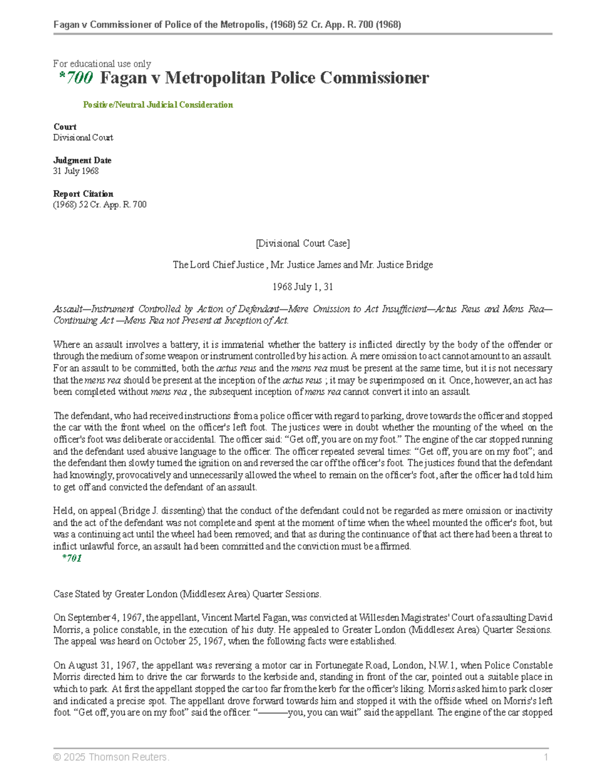 Fagan v Commissioner of Police of the Metropolis: Case Analysis (1968 ...