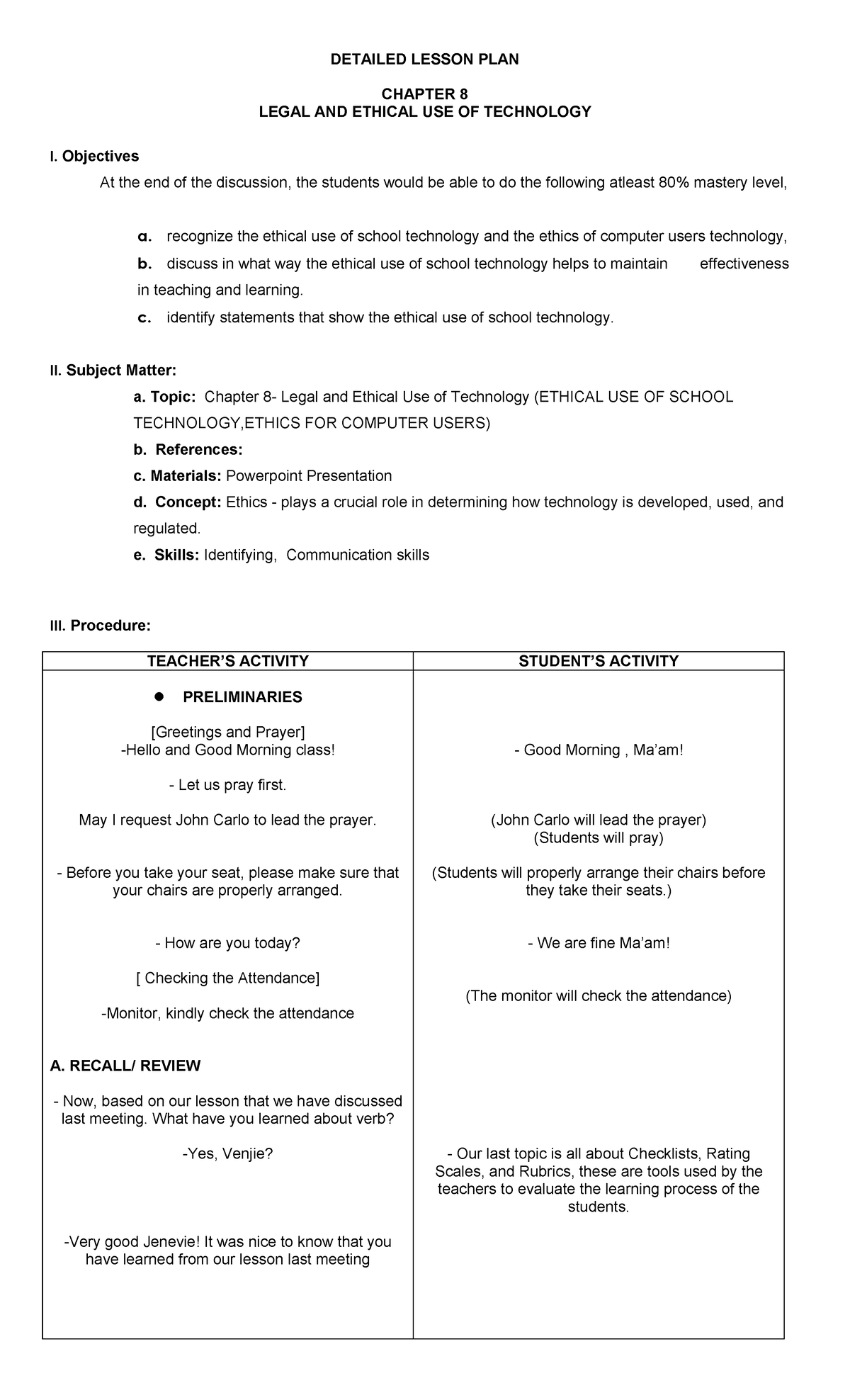 DLP in TTL2 - Lesson Plan on Ethical Use of Technology in Chapter 8 ...