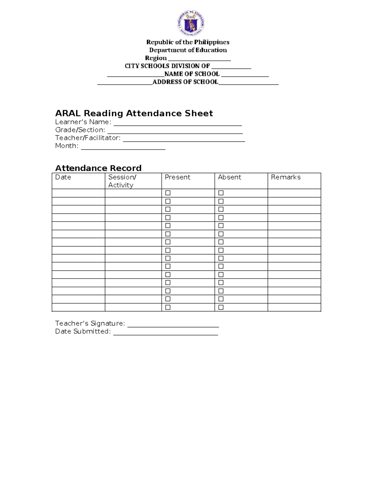 ARAL Reading Attendance Sheet - Republic of the Philippines Department ...