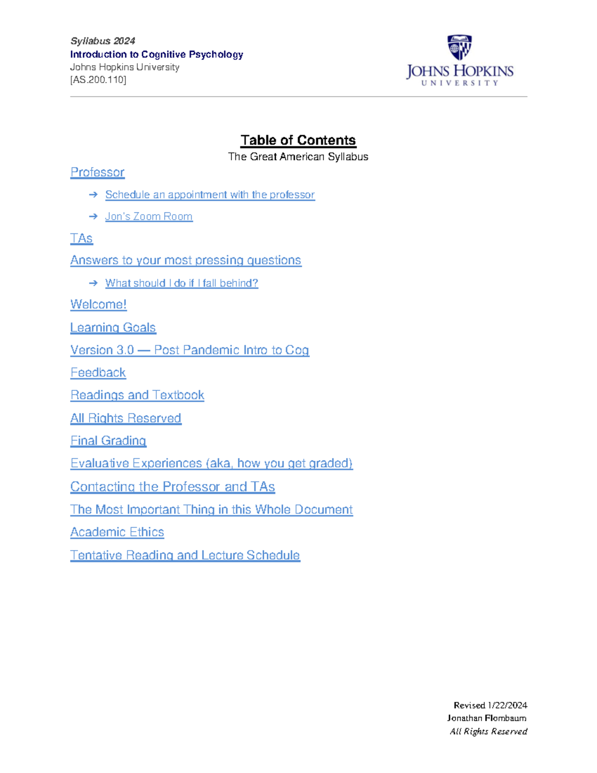 Syllabus 2024: Intro to Cognitive Psychology (200.110) at Johns Hopkins ...