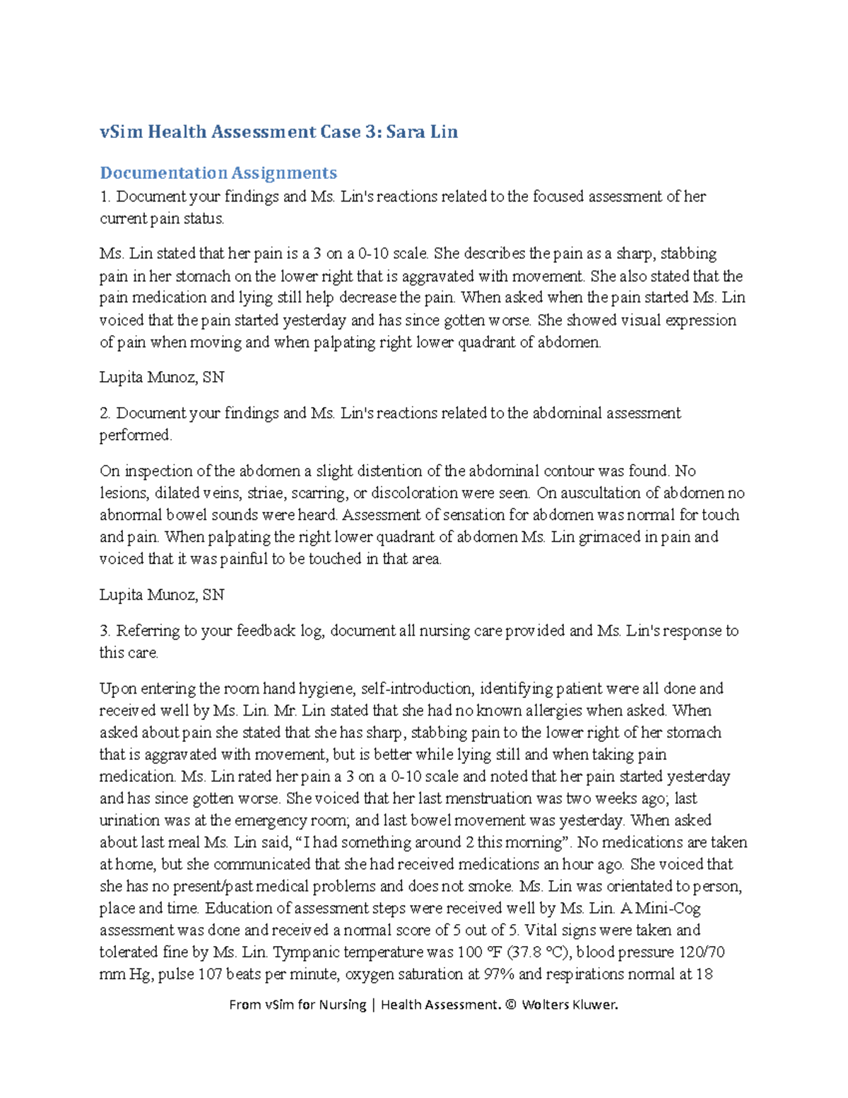 vSim Case Study 3: Health Assessment Documentation for Sara Lin - Studocu